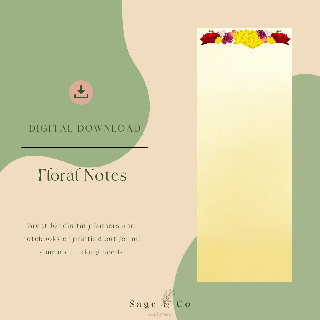 Digital Notes Sheet| Floral Note Sheet| 3x8in Sheet| Printable Note ...