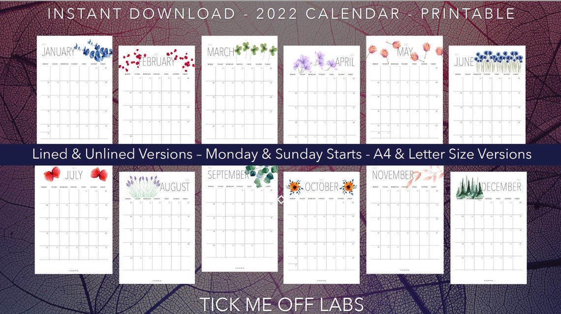 2022 Downloadable Printable A4 & Letter Size Calendar | Etsy