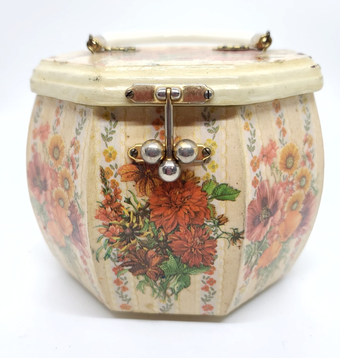 Decoupage 1970s Yellow Stripes and Flowers Octagon Wooden Purse With ...