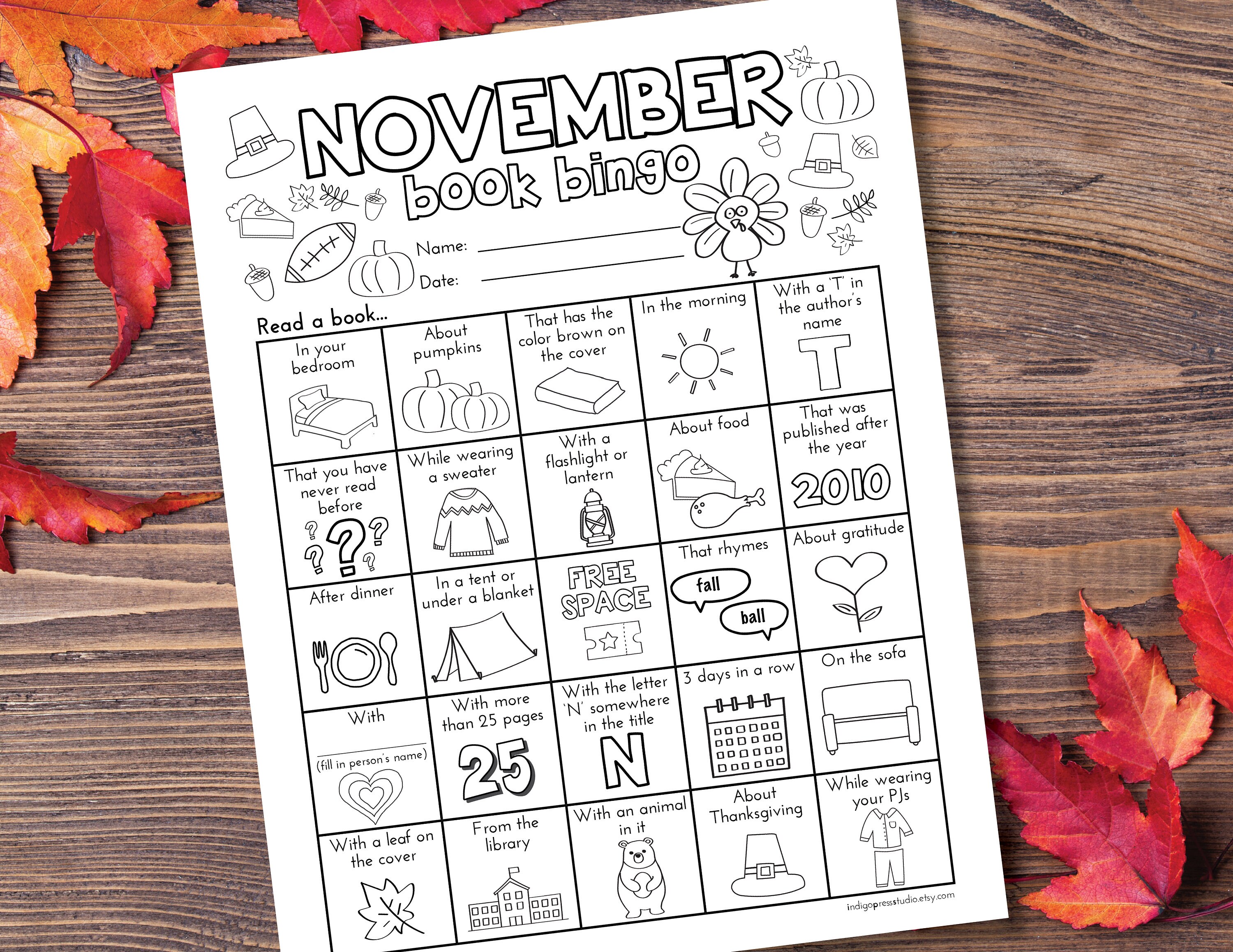 November Book Bingo and Reading Log for Kids | Thanksgiving-themed ...