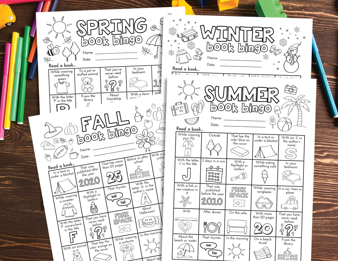 Book Bingo and Reading Log for Kids | Spring Summer Winter Fall Reading ...