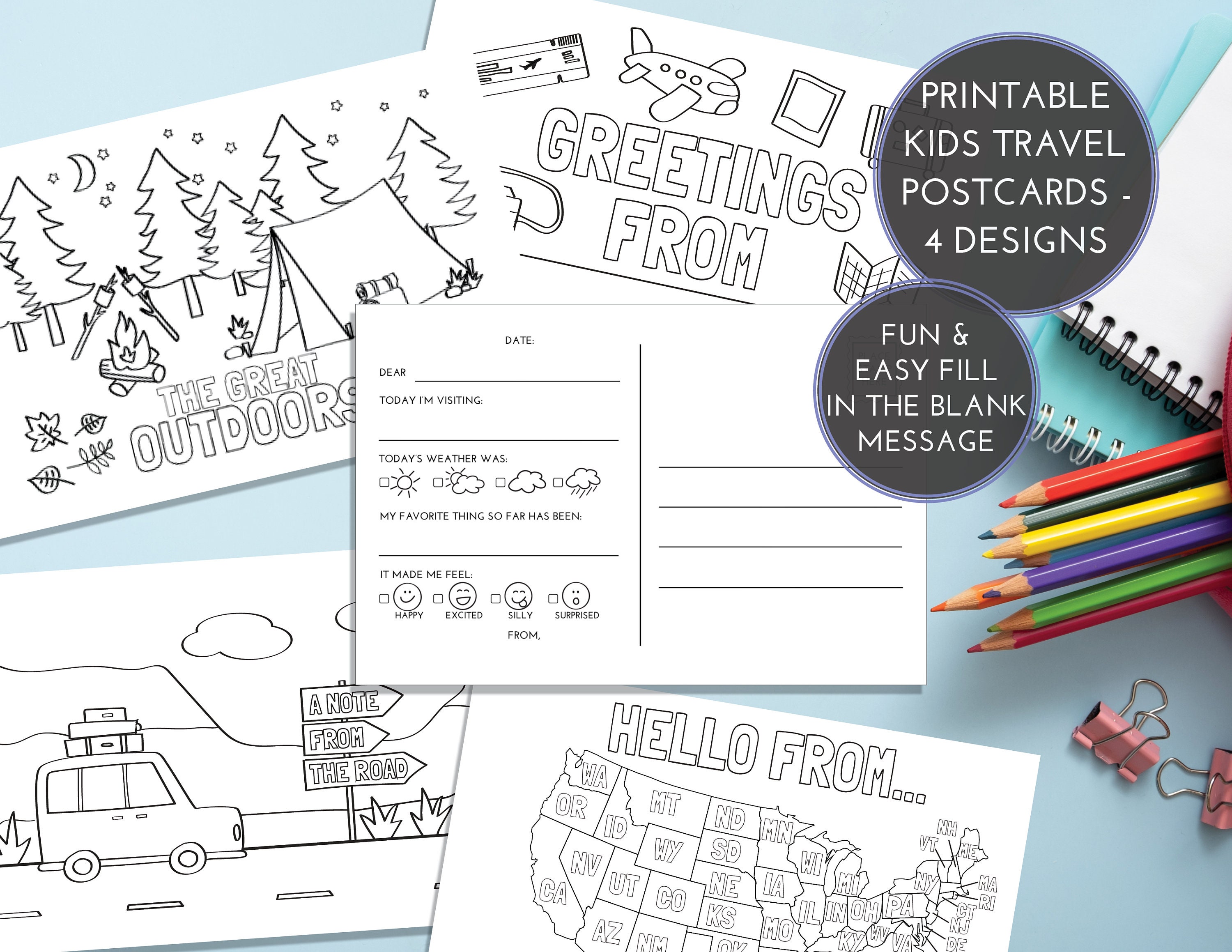 Kids Travel Postcards | Coloring Postcards | Instant PDF Download ...