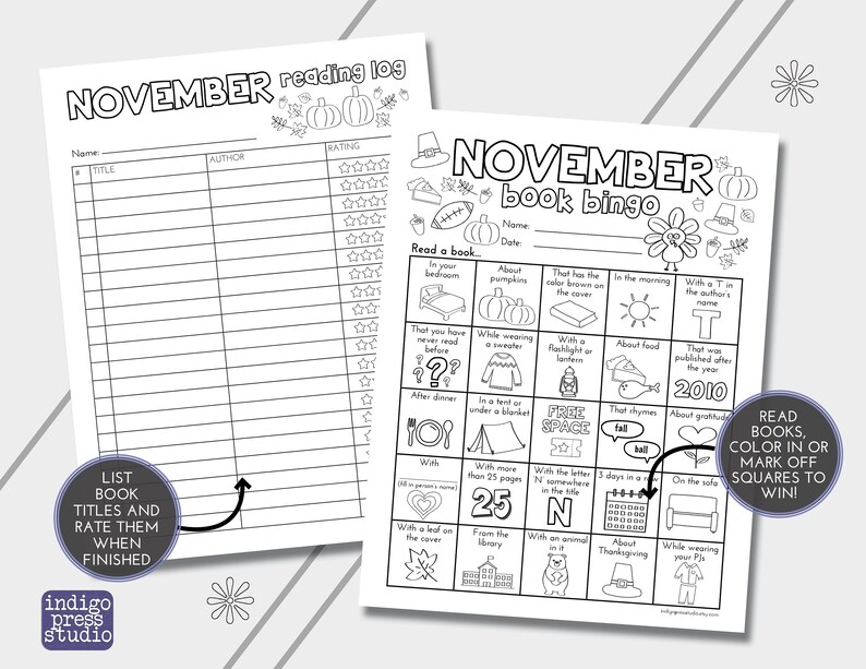 November Book Bingo and Reading Log for Kids | Thanksgiving-themed ...