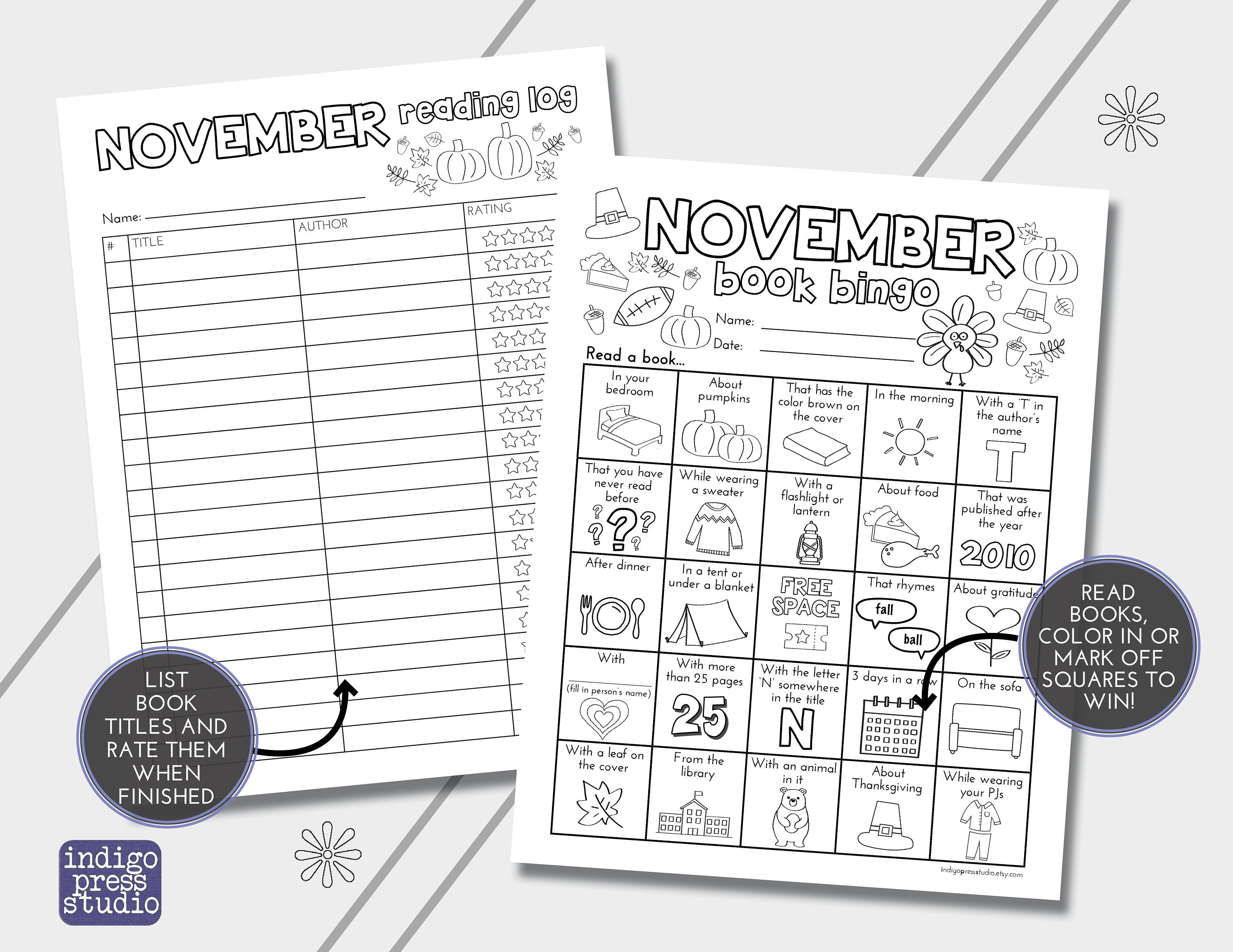 November Book Bingo and Reading Log for Kids | Thanksgiving-themed ...