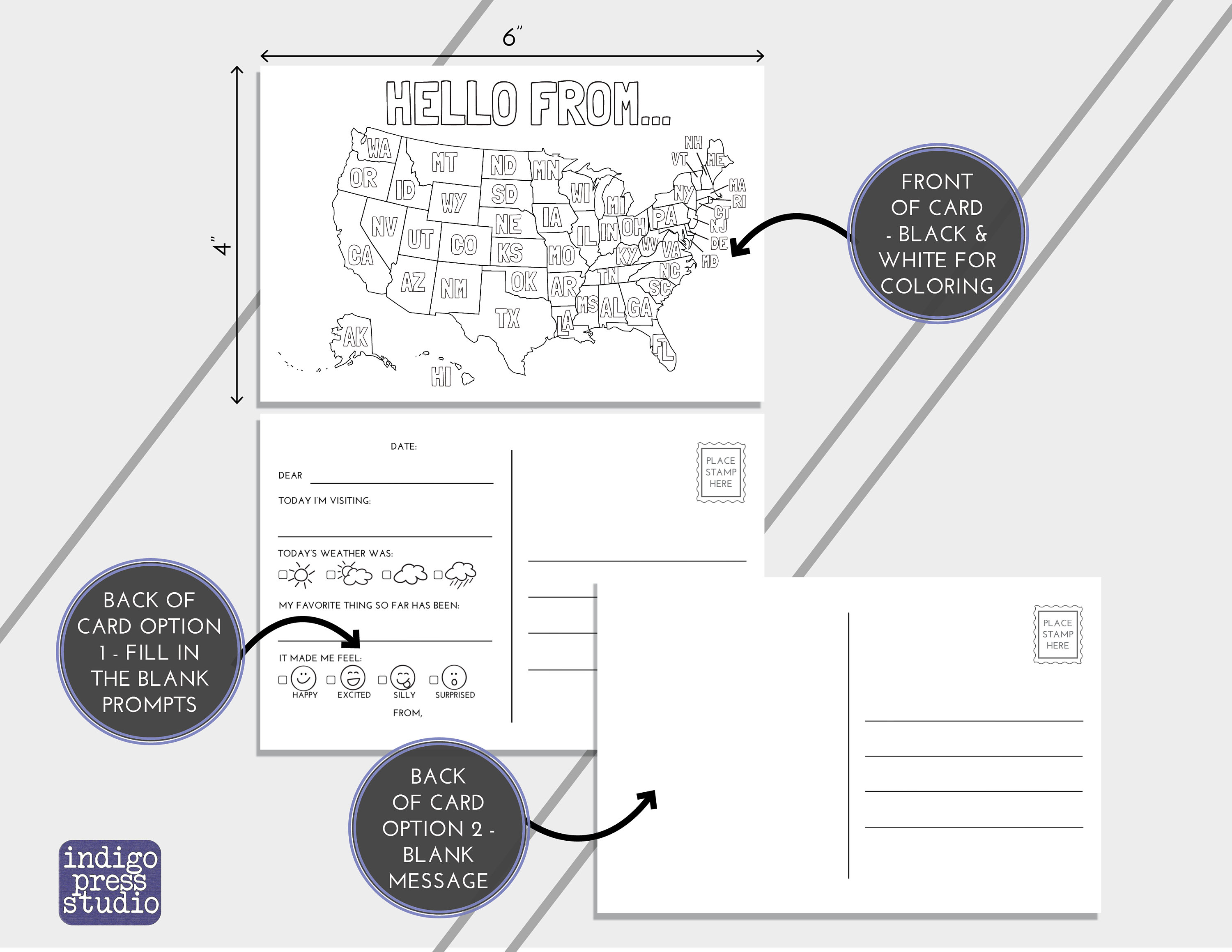 United States Map Printable Postcard | Kids Coloring Postcard | Fill-in ...