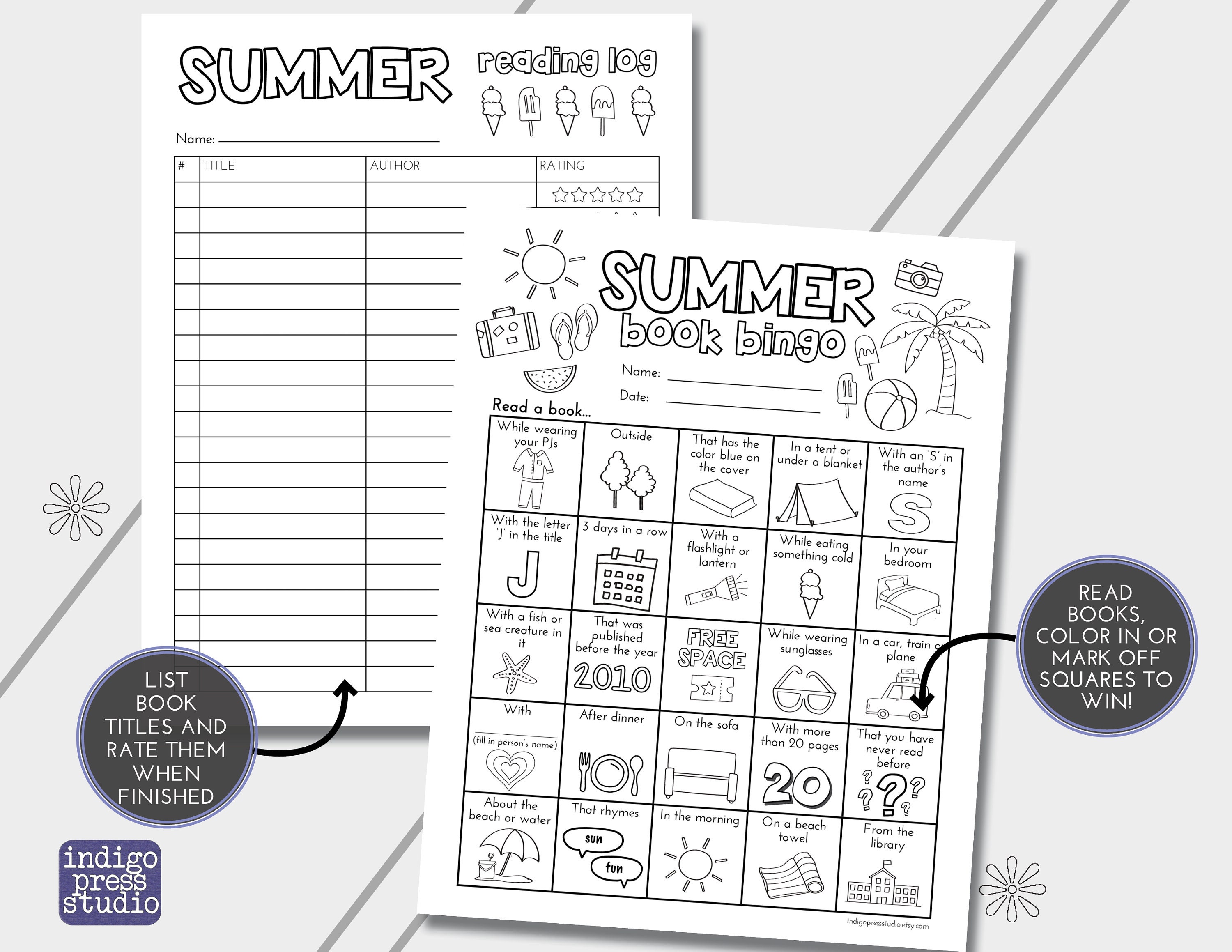 Summer Book Bingo and Reading Log for Kids Summer-themed Reading Bingo ...