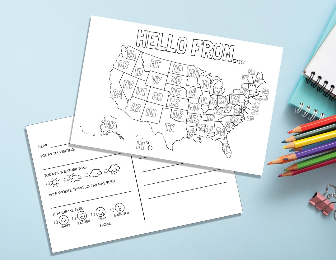 United States Map Printable Postcard | Kids Coloring Postcard | Fill-in ...