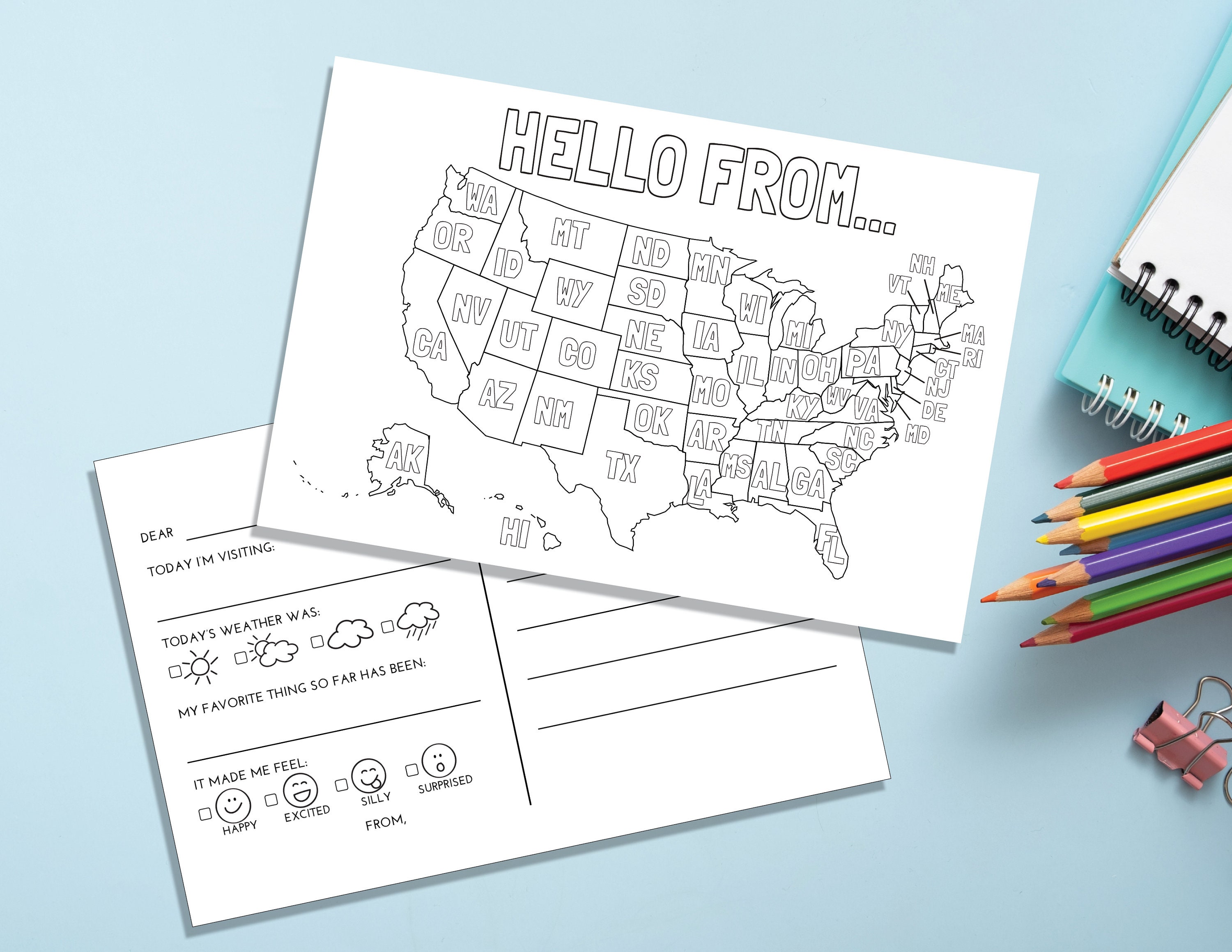 United States Map Printable Postcard | Kids Coloring Postcard | Fill-in ...