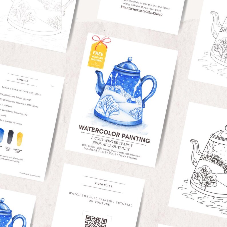 Cozy Winter Teapot Painting, Outline to Trace, Printable Watercolor Art ...