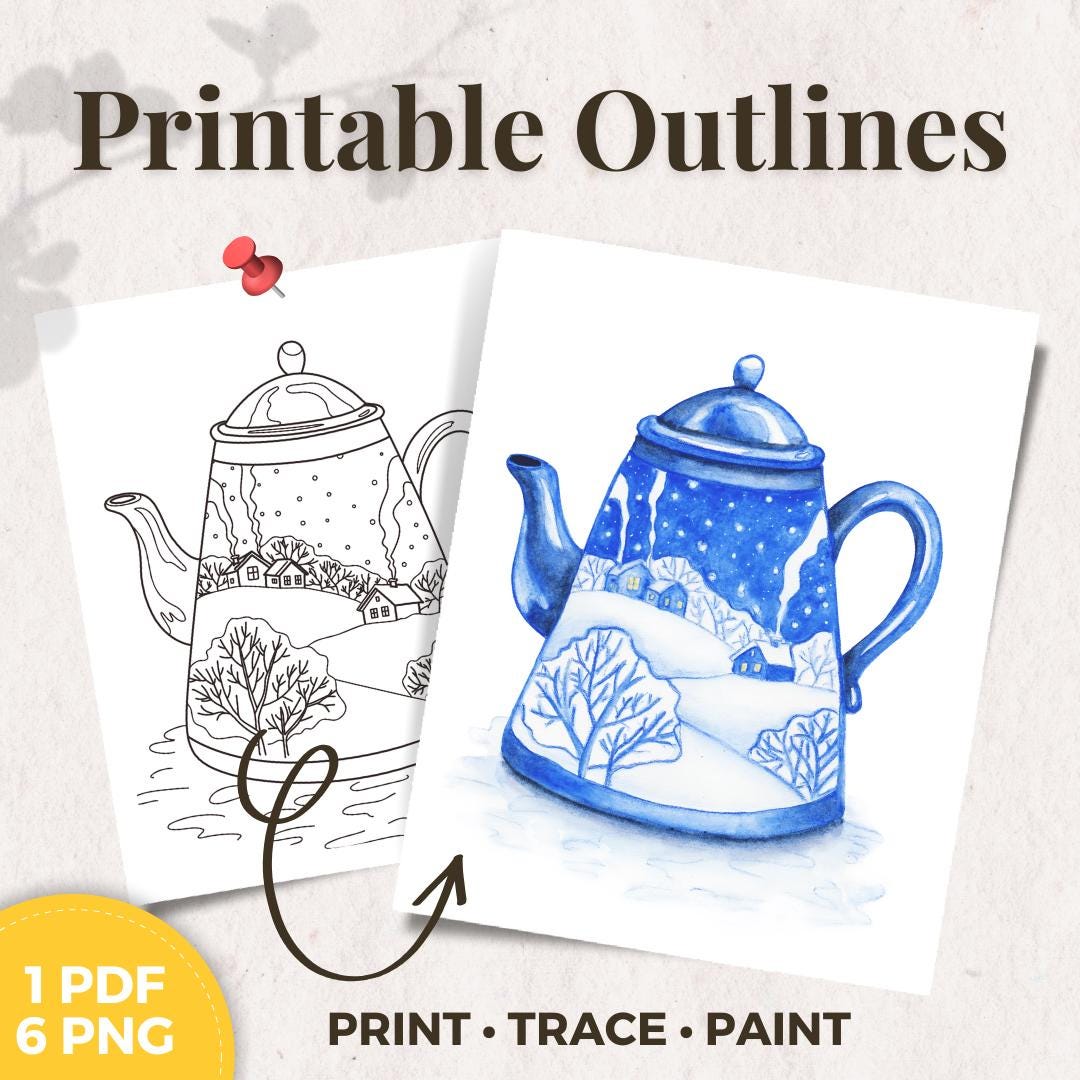 Cozy Winter Teapot Painting, Outline to Trace, Printable Watercolor Art ...