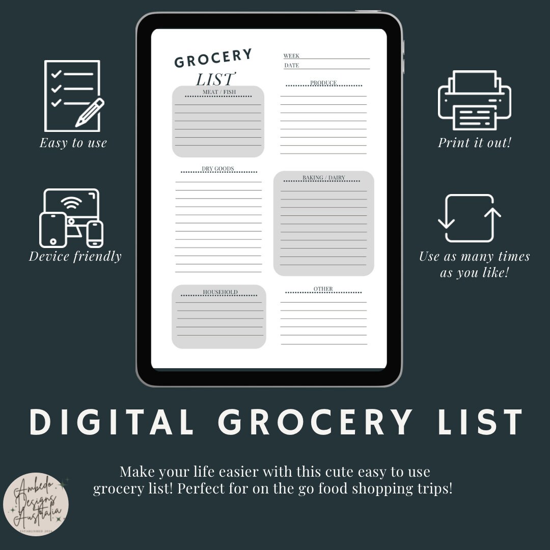Digital Editable and Printable Grocery List, Daily/weekly Food Shopping ...
