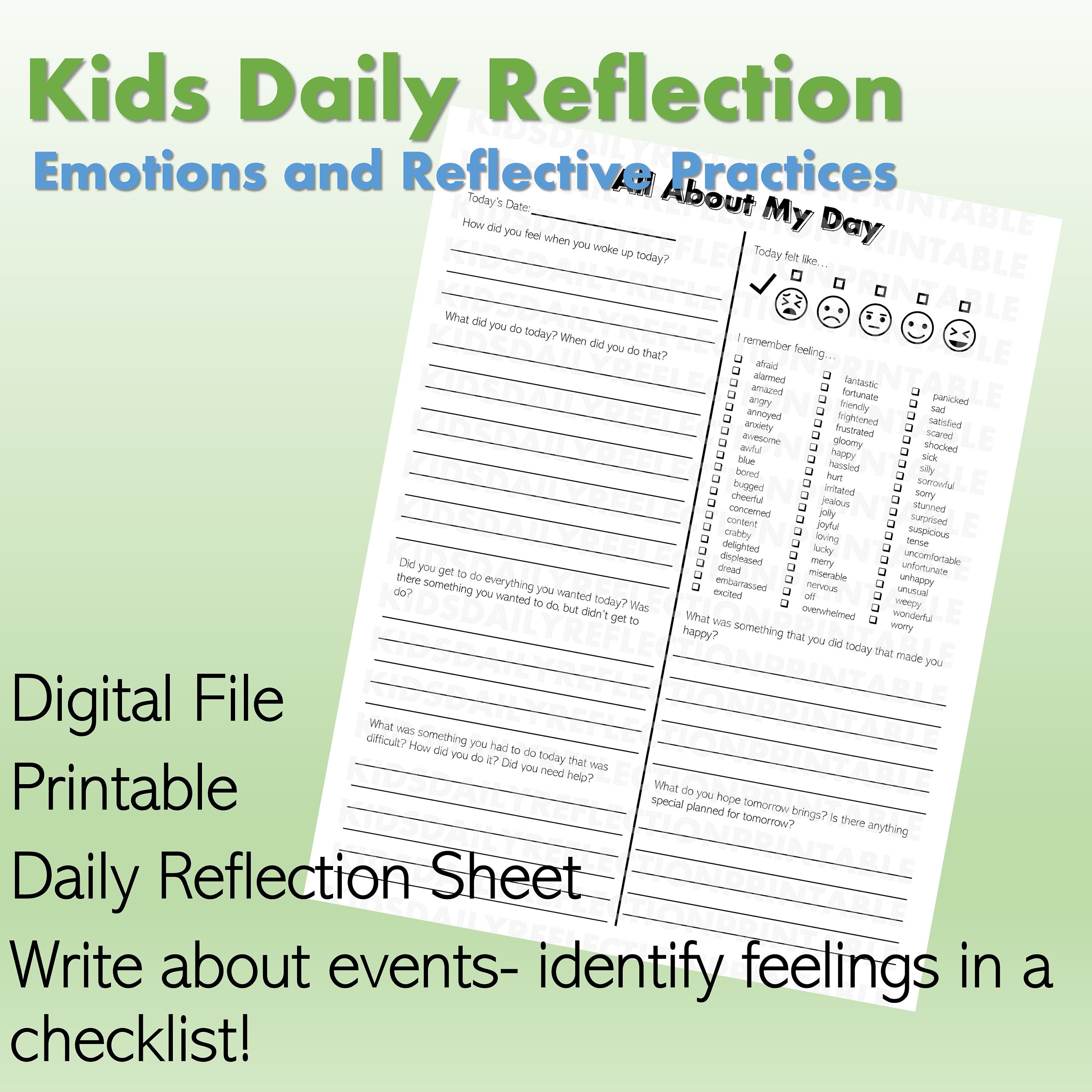 Kids Daily Reflection Printable Digital File | Identify Emotions, Write ...