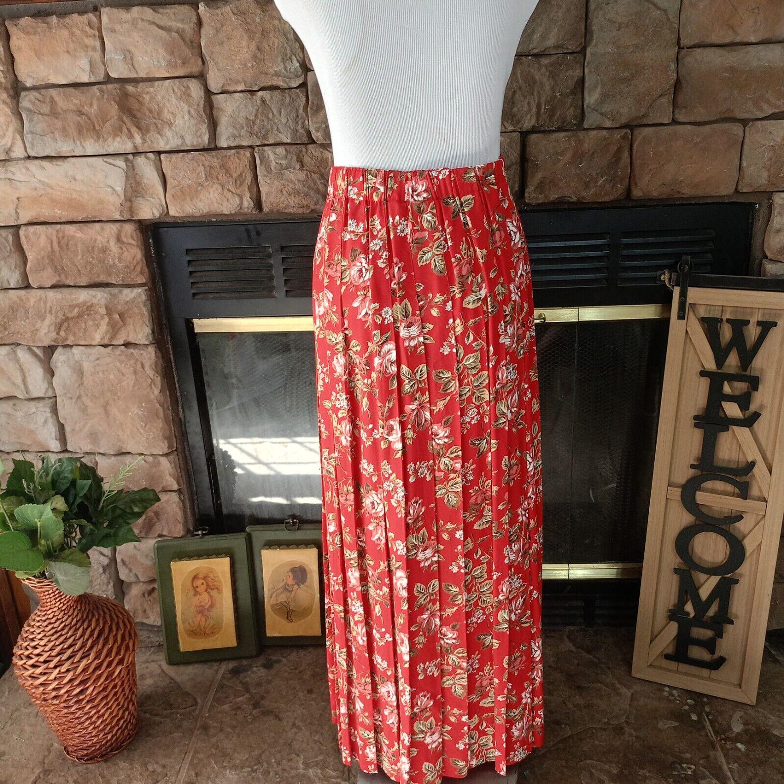 Vintage Susan Bristol Accordion Pleated 33" Skirt Floral Red USA Medium ...