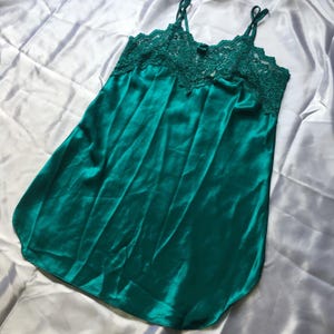 Vintage Dentelle Green Satin Lace Accent Chemise Nightie Lingerie Size ...