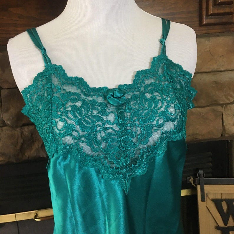 Vintage Dentelle Green Satin Lace Accent Chemise Nightie Lingerie Size ...