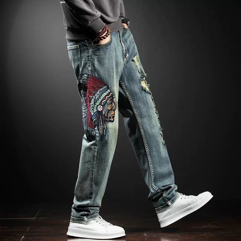 Men's Embroidered Jeans Vintage Indian Embroidered Blue - Etsy