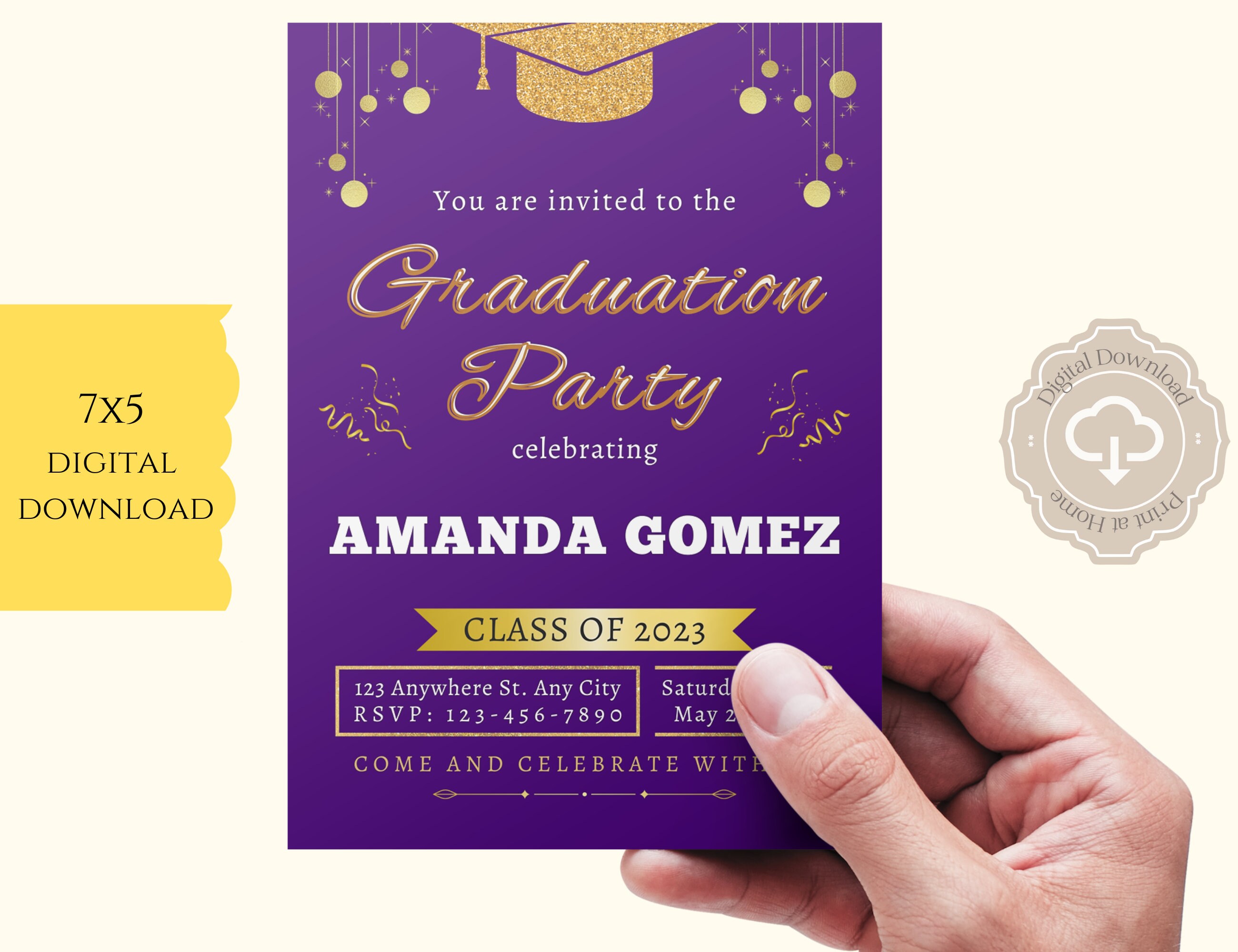 Purple and Gold Graduation Invitation , 5X7 Digital Download ...