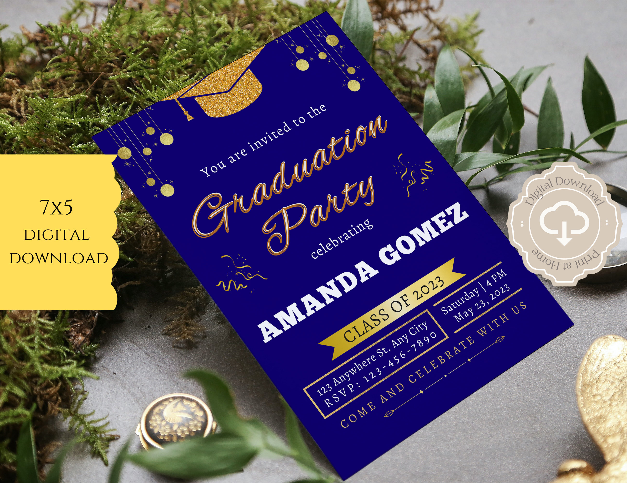 Invitación de graduación azul y oro, descarga digital 5X7, invitación ...
