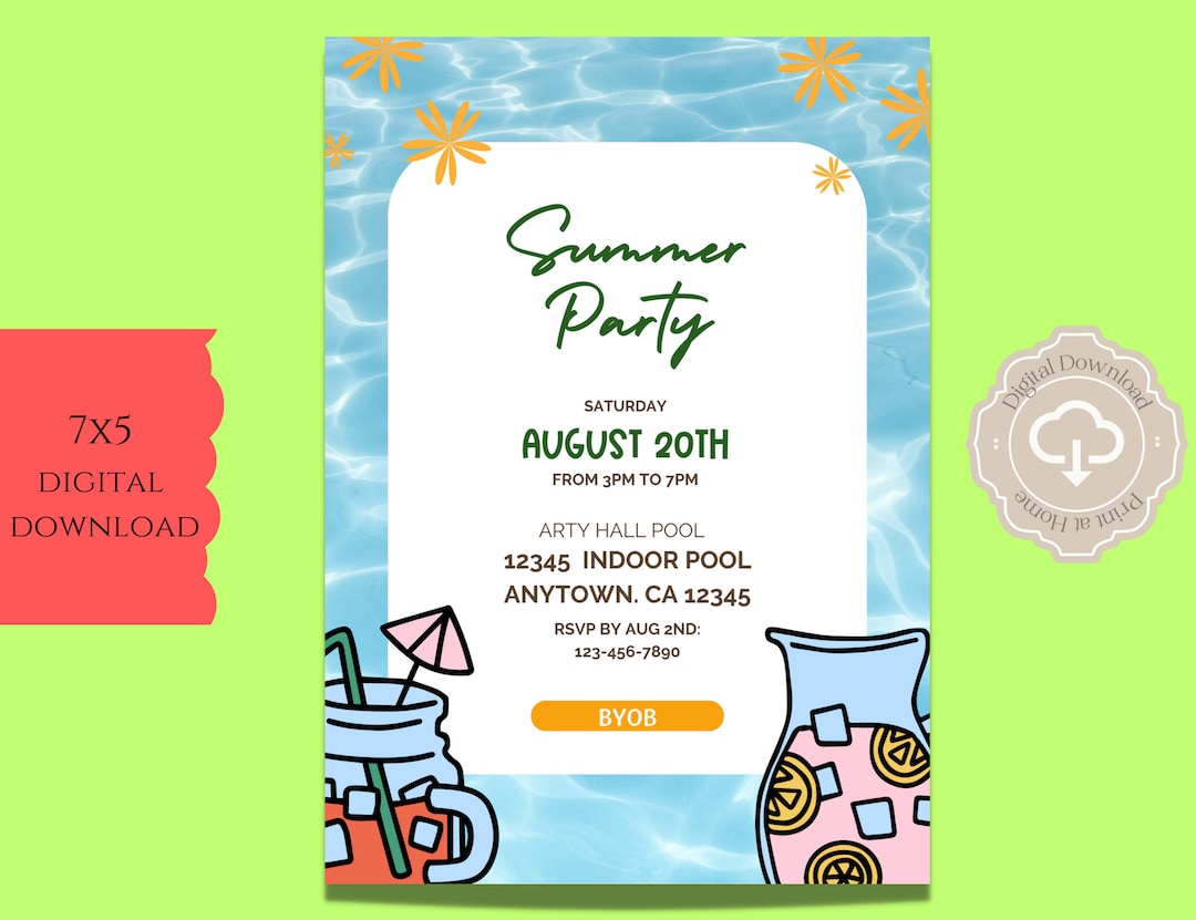 Summer Party Invitation , 5X7 Digital Download, Pool Party Digital ...