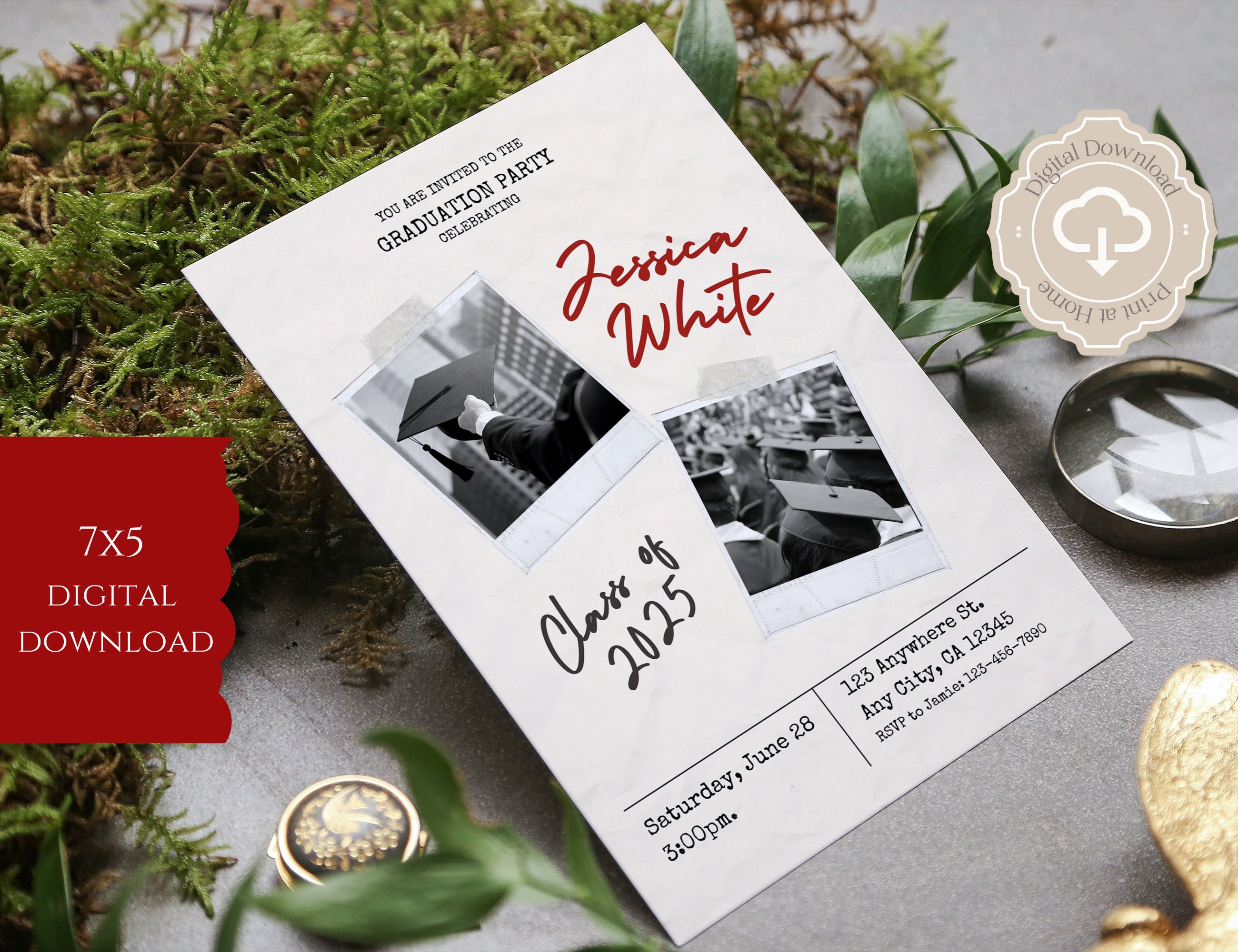 Beige and Red Graduation Invitation , 5X7 Digital Download, Graduation ...