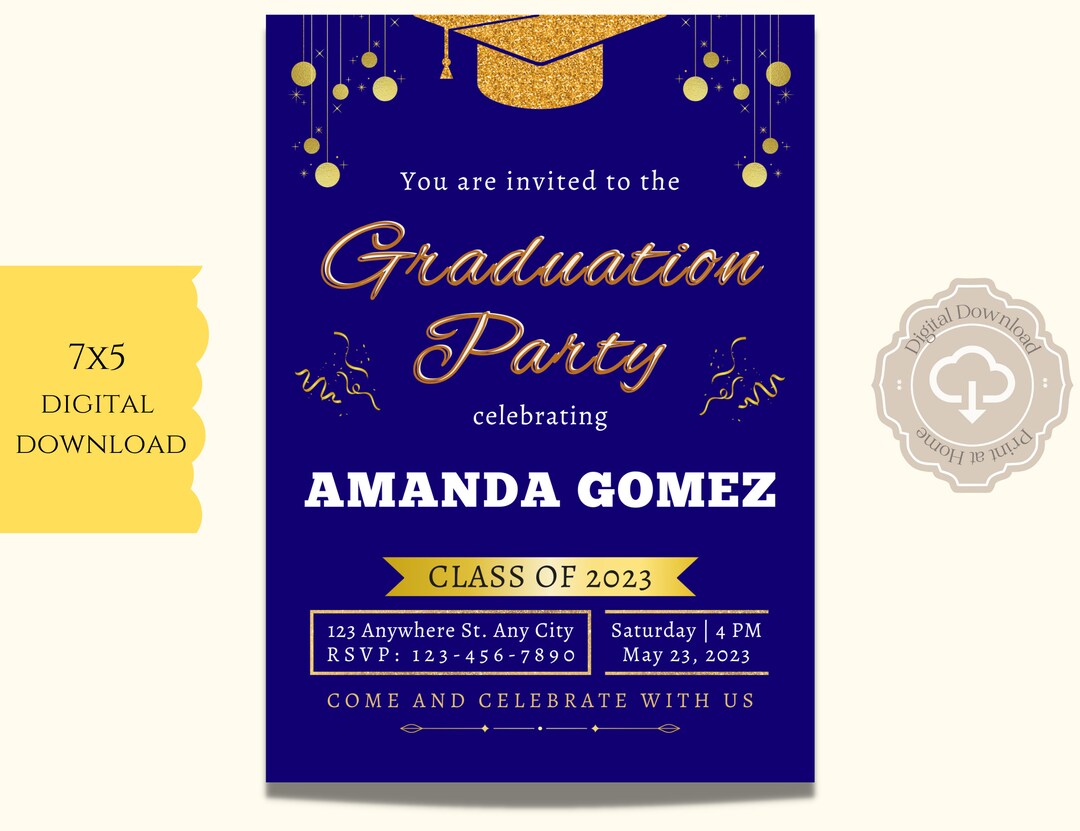 Blue and Gold Graduation Invitation , 5X7 Digital Download, Graduation ...