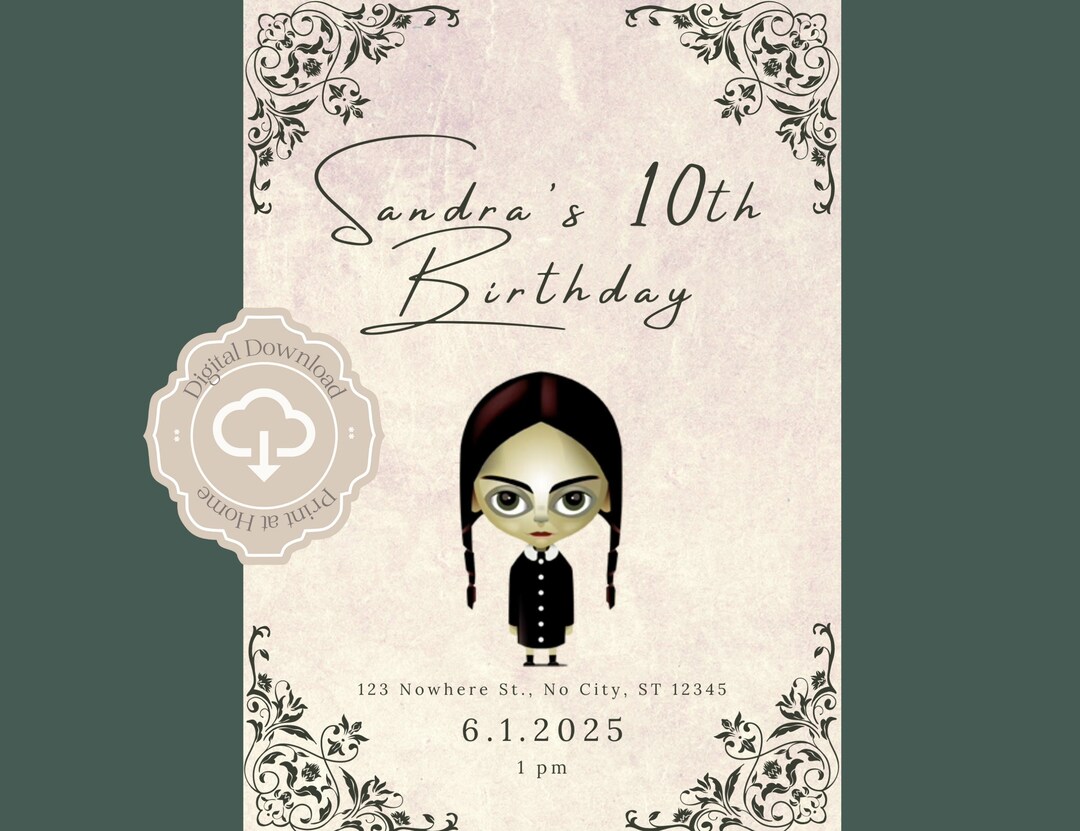 Wednesday Birthday Invitation, Addams Family Digital Invitation ...