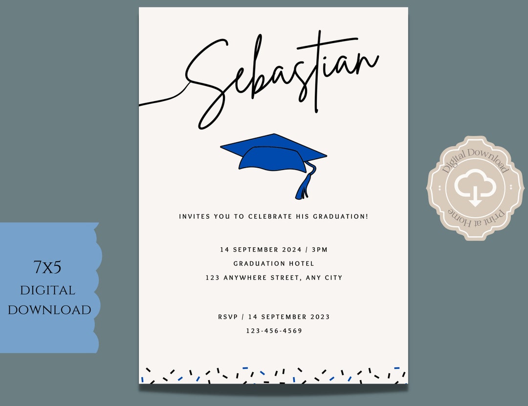 Blue and Gray Graduation Invitation , 5X7 Digital Download, Graduation ...