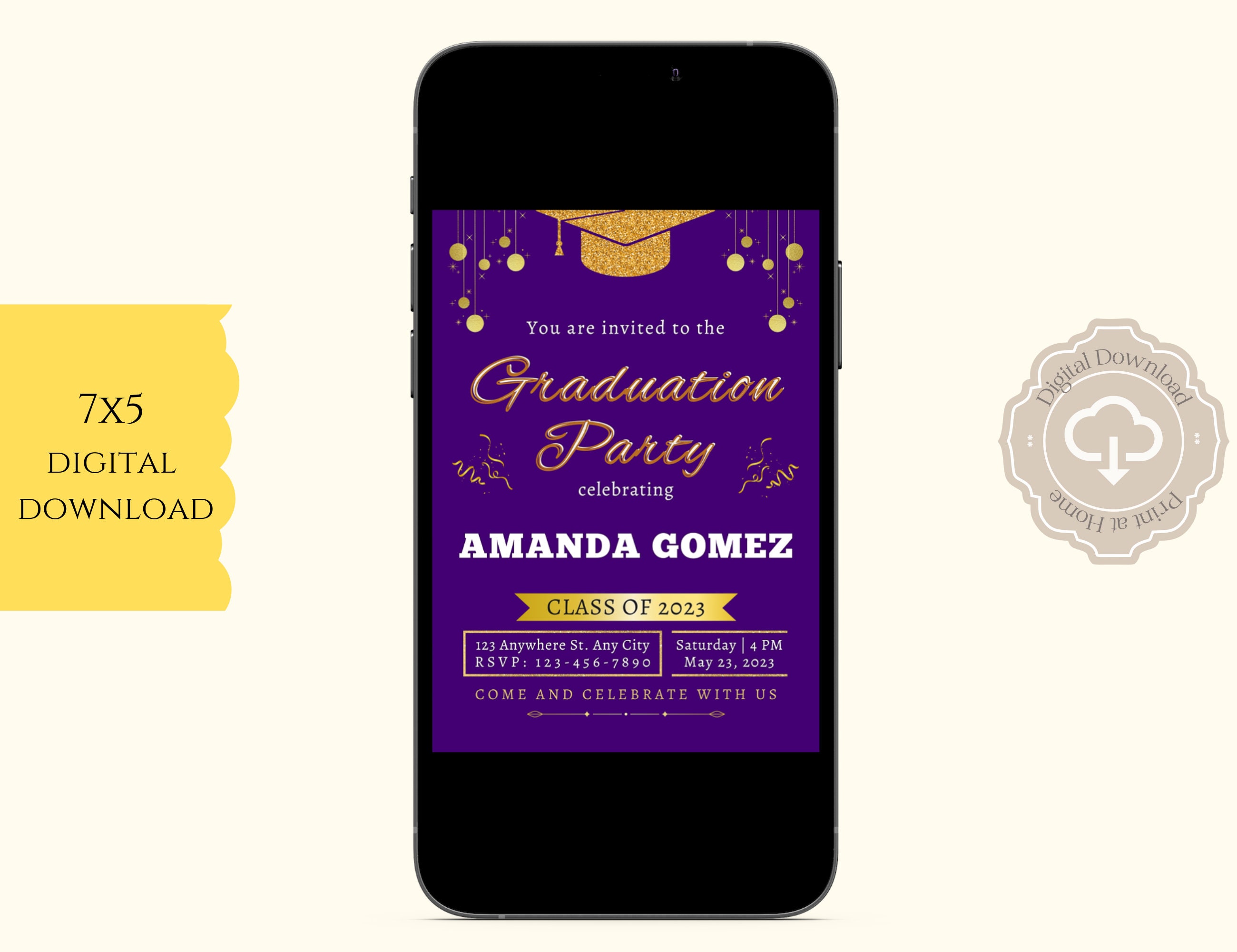 Purple and Gold Graduation Invitation , 5X7 Digital Download ...