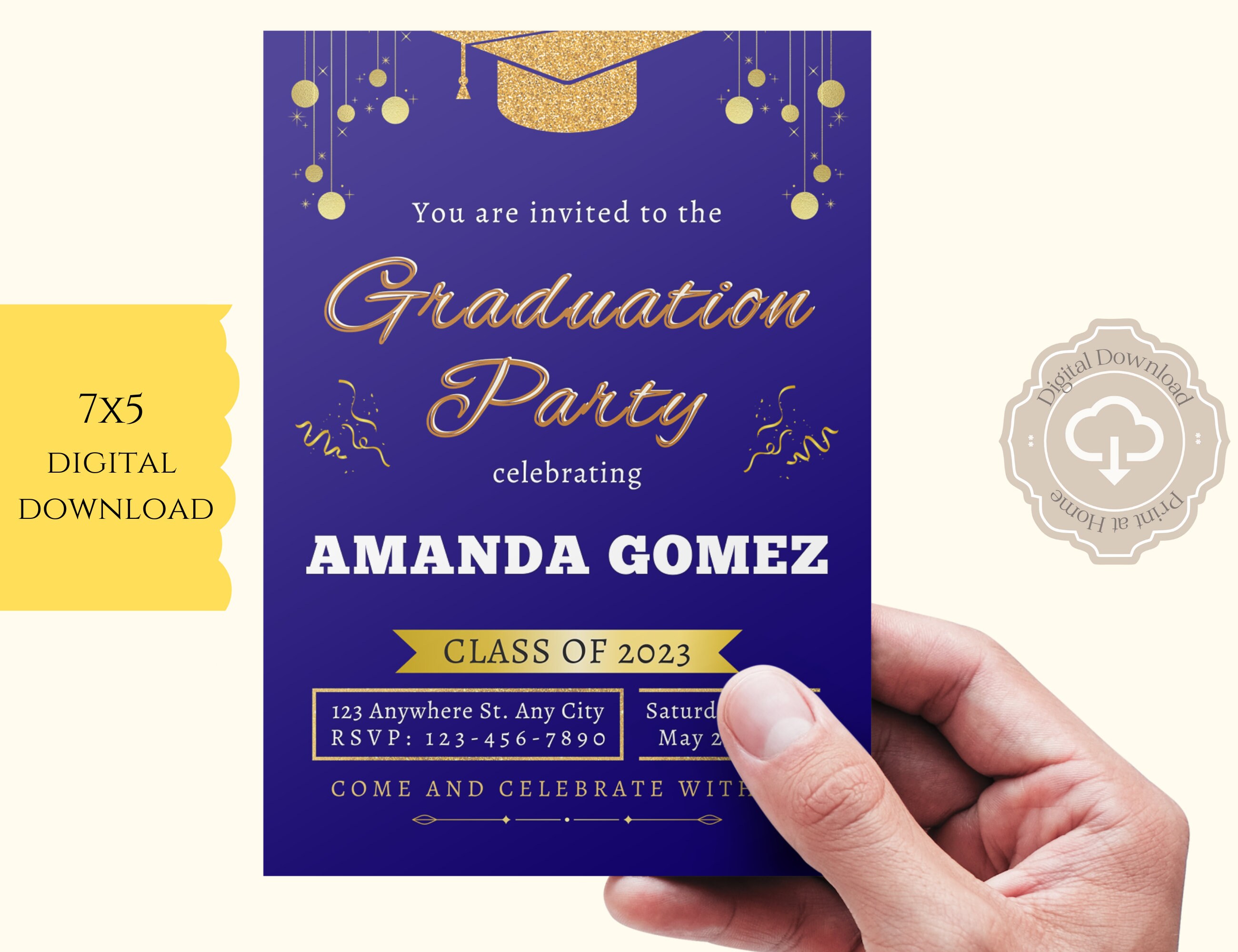 Blue and Gold Graduation Invitation , 5X7 Digital Download, Graduation ...