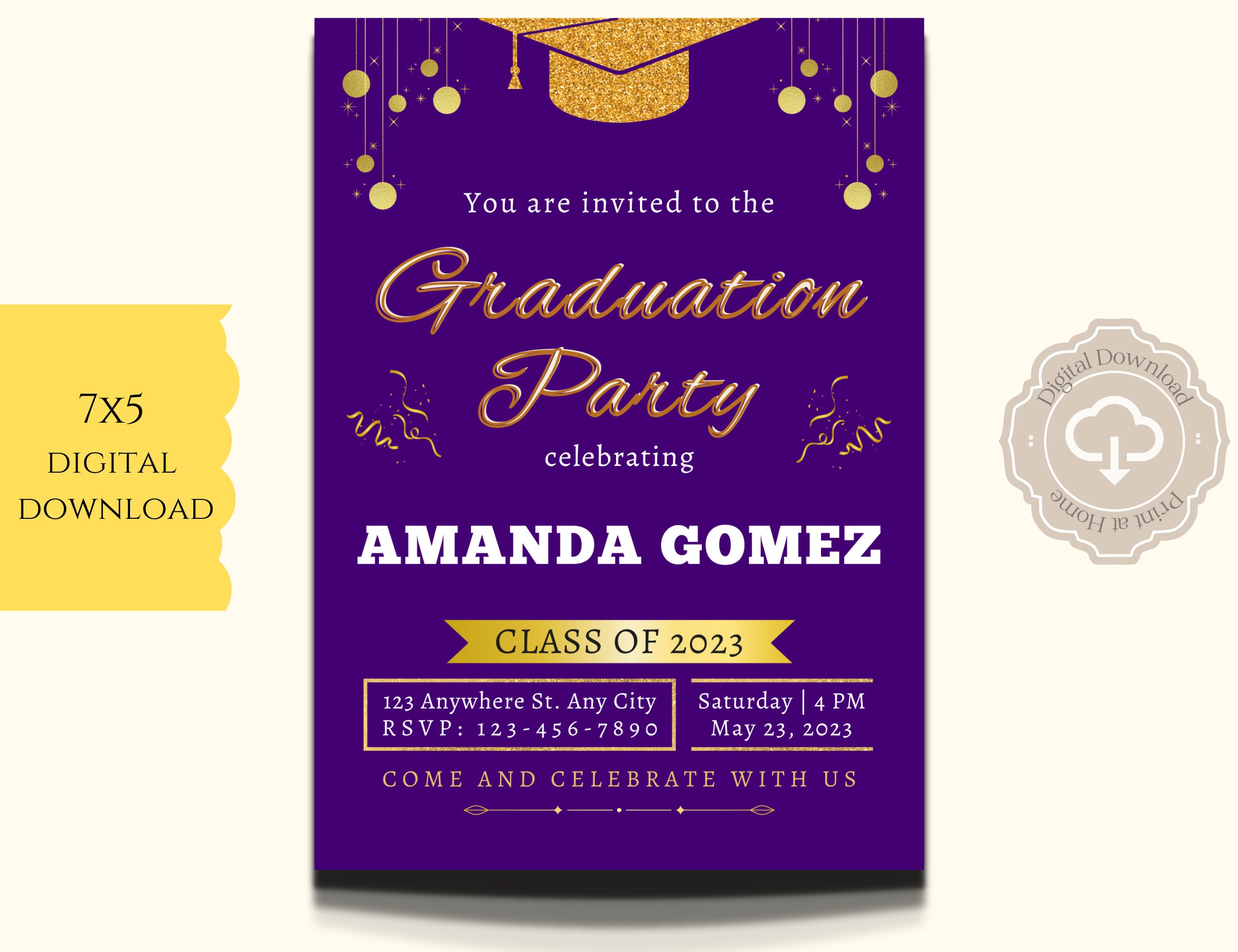 Purple and Gold Graduation Invitation , 5X7 Digital Download ...
