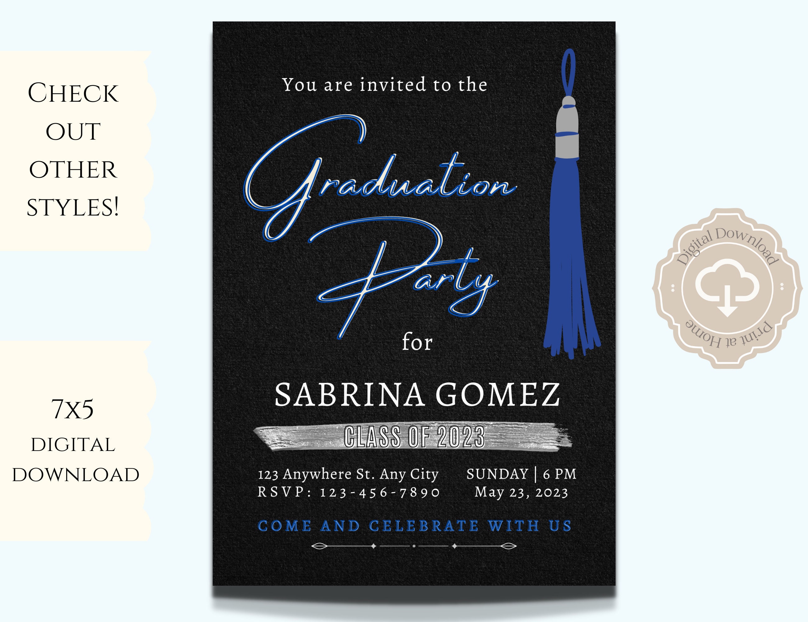 Blue and Gray Graduation Invitation 5X7 Digital Download - Etsy