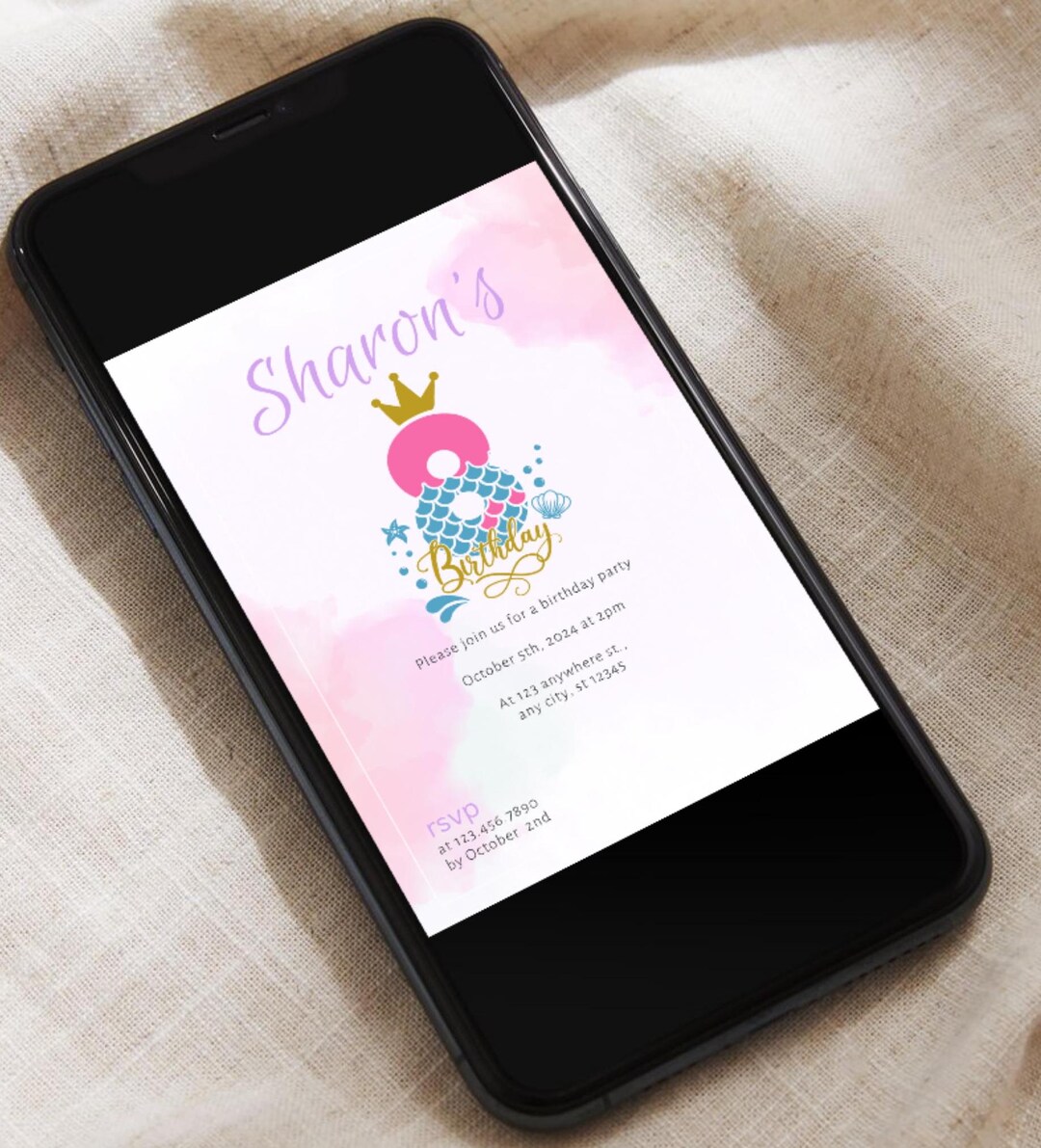 Editable Pink Fish Tail 8th Birthday Invitation, Mermaid Party Canva ...