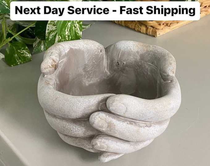 Cupped Palm Hands Cement Planter, Save Planet Earth Flower Pot Bowl ...