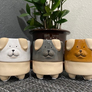 Puppy Dog Planter, Cute Pup Ceramic Flower Pot, Round Pottery for ...