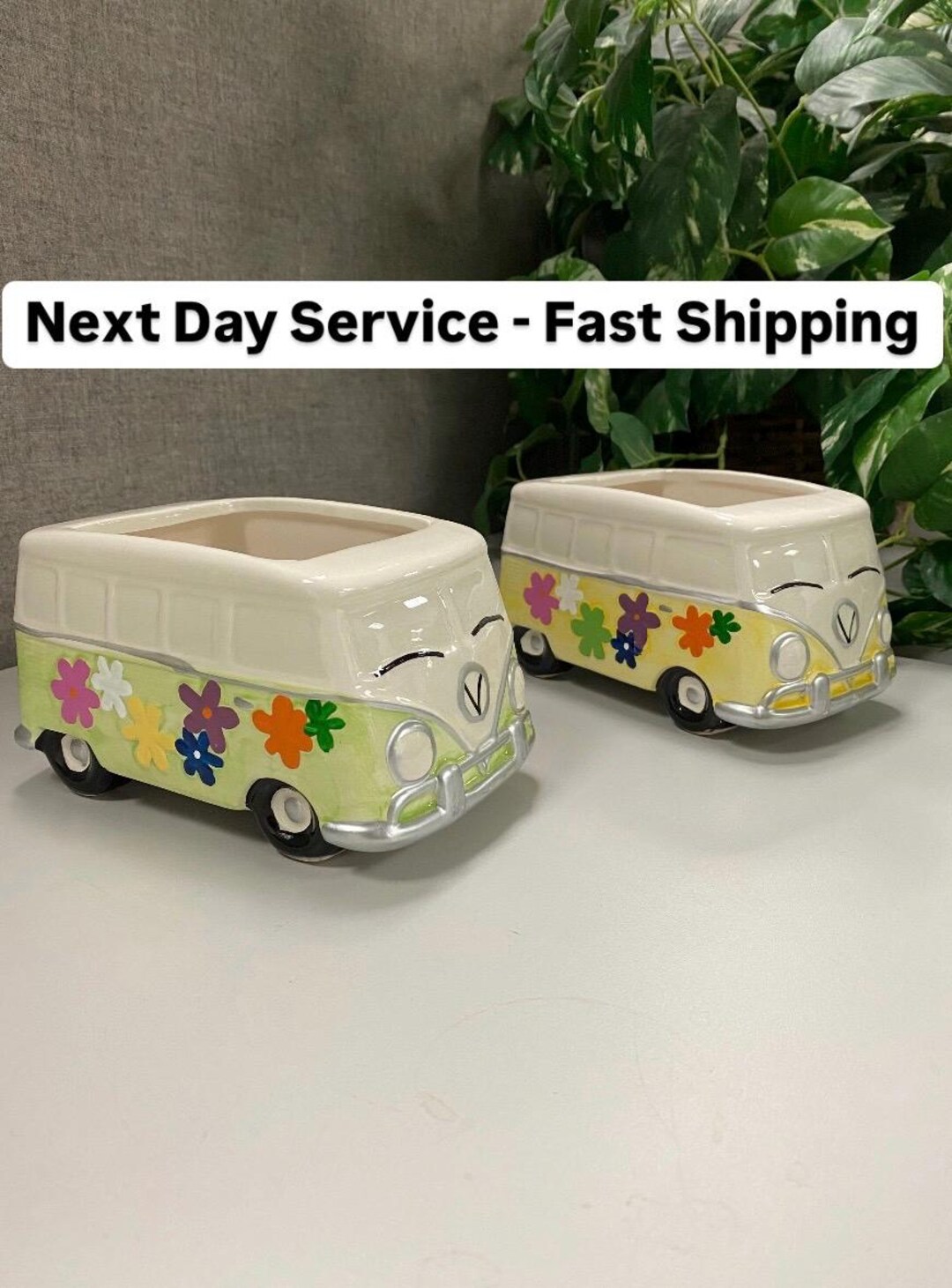 Hippie Van Ceramic Planter, Colorful Flowers Car Pot, Groovy ...