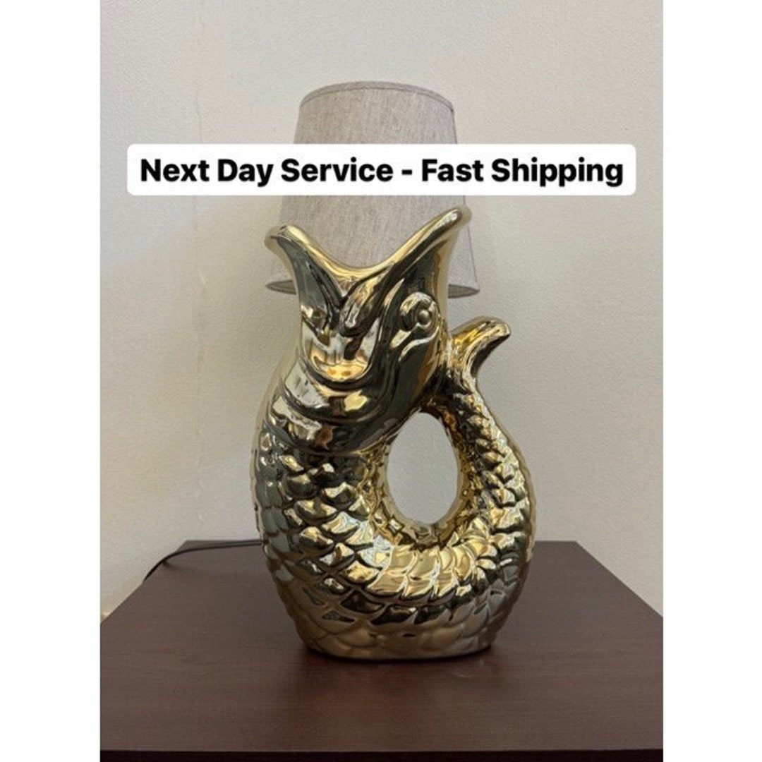 13" Tall Gold Ceramic Fish Vase, Big Open Mouth Planter, Koi Flower Pot Home Decor, Bass Plant ...