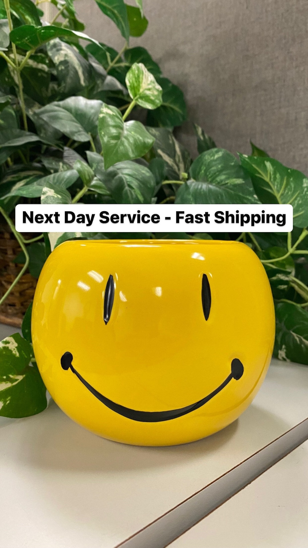 Happy Face Ceramic Planter, Head W/ Smile Flower Pot, Round Yellow Vase ...