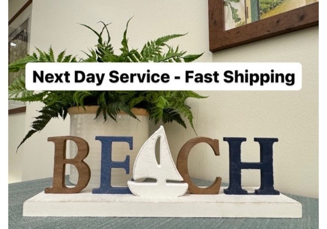 Beach Word Sign With Sailboat, Wooden Stand Table Centerpiece Decor ...