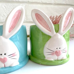 Shy Easter Bunny Round Ceramic Planter, Rabbit W/ Ears Home Decor ...