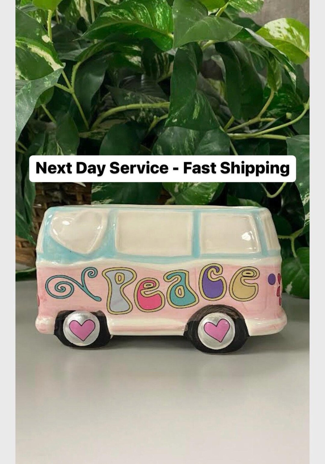 Hippie “peace" Bus Planter, Psychedelic Party Van Ceramic Flower Pot ...
