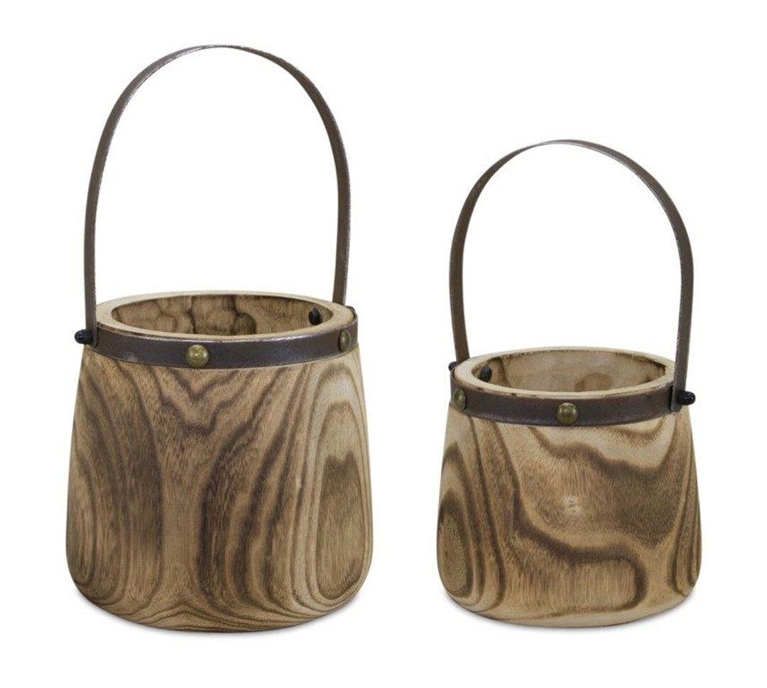 Wood Containers, Wood Planter, Set of 2, Wood and Steel, Medium Pail 7. ...