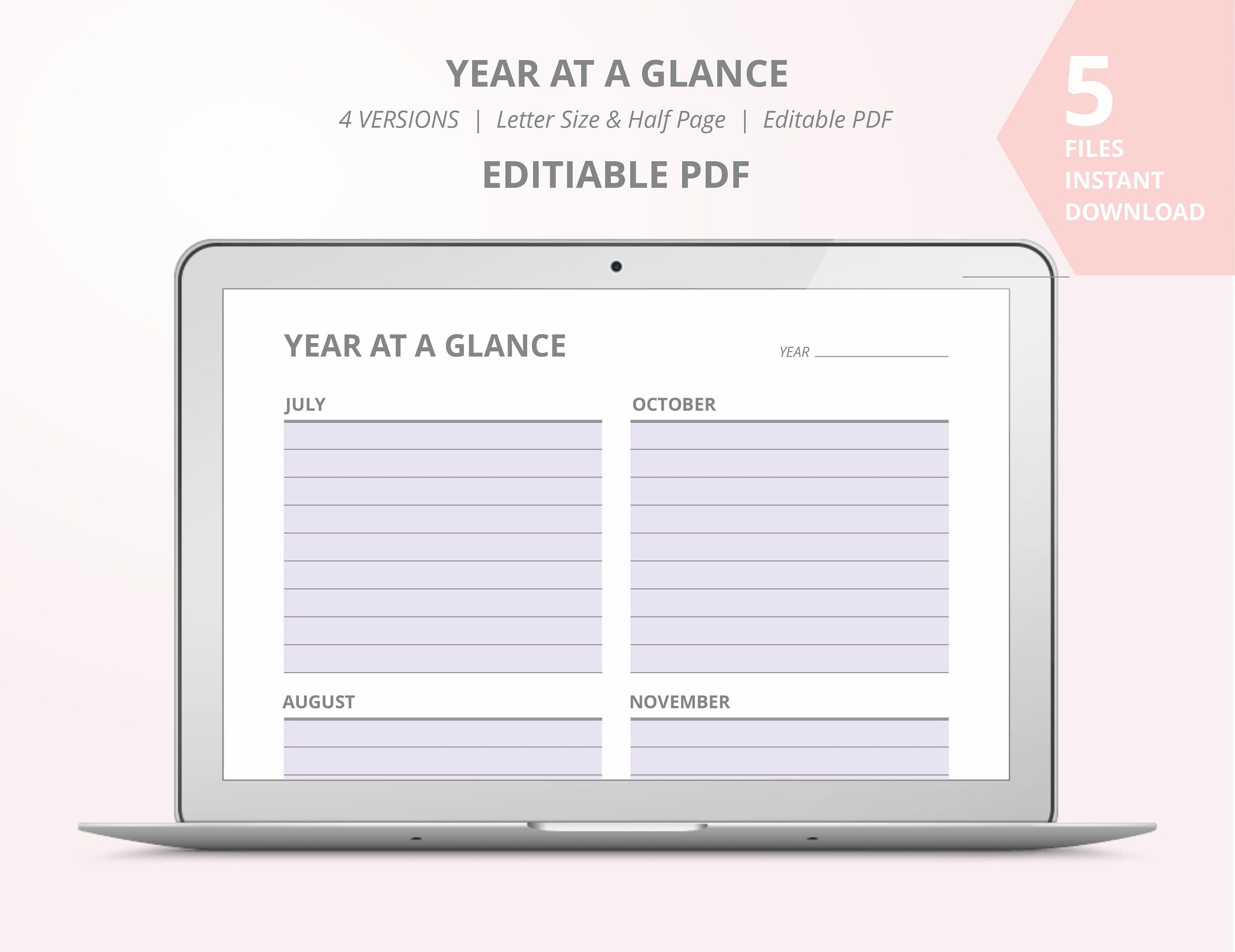 Year at A Glance Calendar, Editable PDF Calendar, Blank Calendar ...