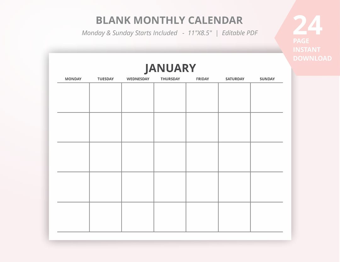 January to December Monthly Calendar, Editable PDF Calendar, Monthly ...