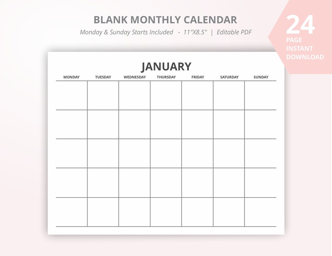 January to December Monthly Calendar, Editable PDF Calendar, Monthly ...