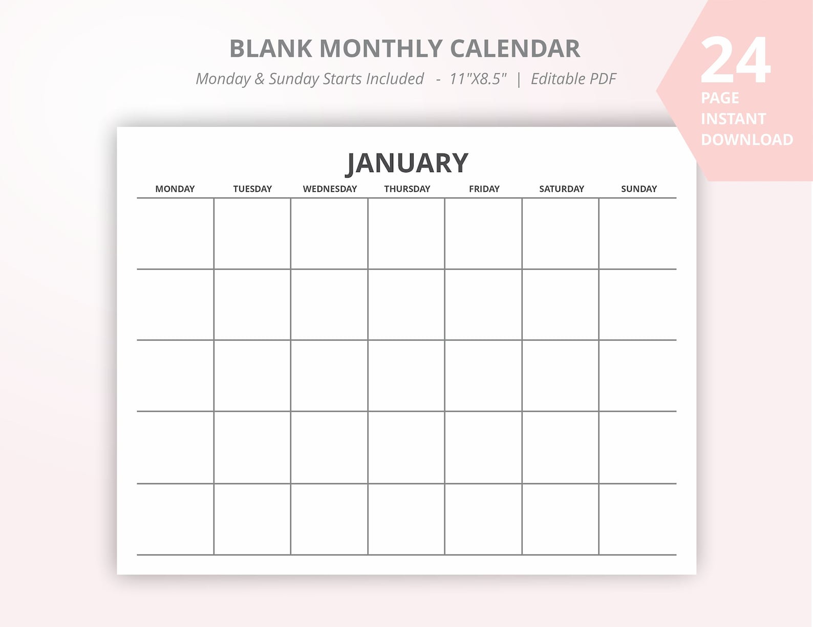 January to December Monthly Calendar, Editable PDF Calendar, Monthly ...