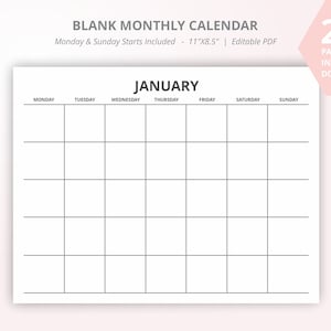 January to December Monthly Calendar, Editable PDF Calendar, Monthly ...