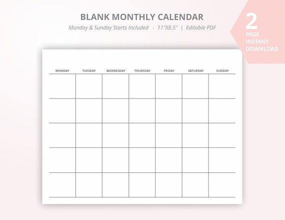 Blank Monthly Calendar Editable PDF Calendar Monthly | Etsy