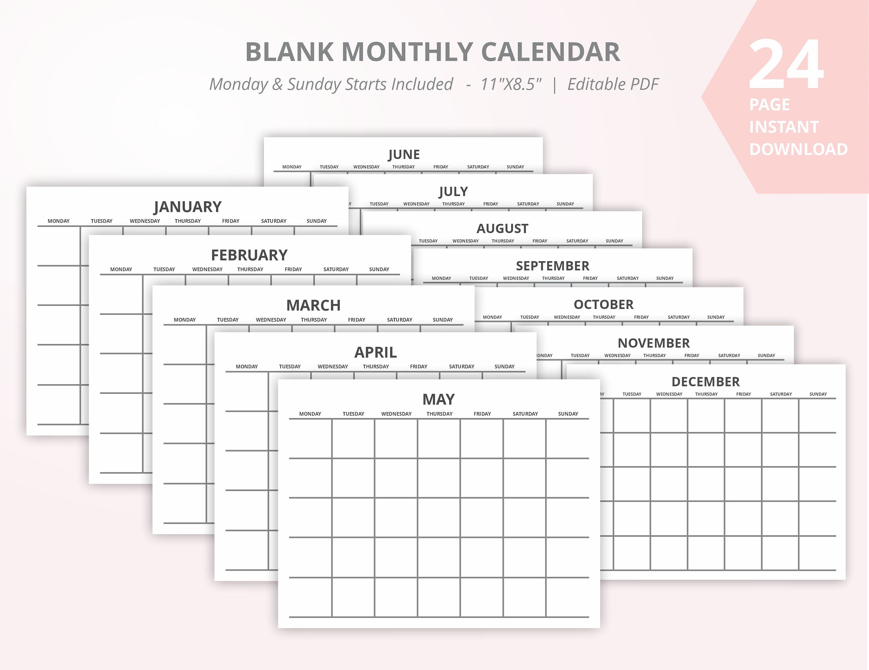 January to December Monthly Calendar, Editable PDF Calendar, Monthly ...