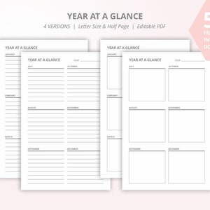 Year at A Glance Calendar, Editable PDF Calendar, Blank Calendar ...