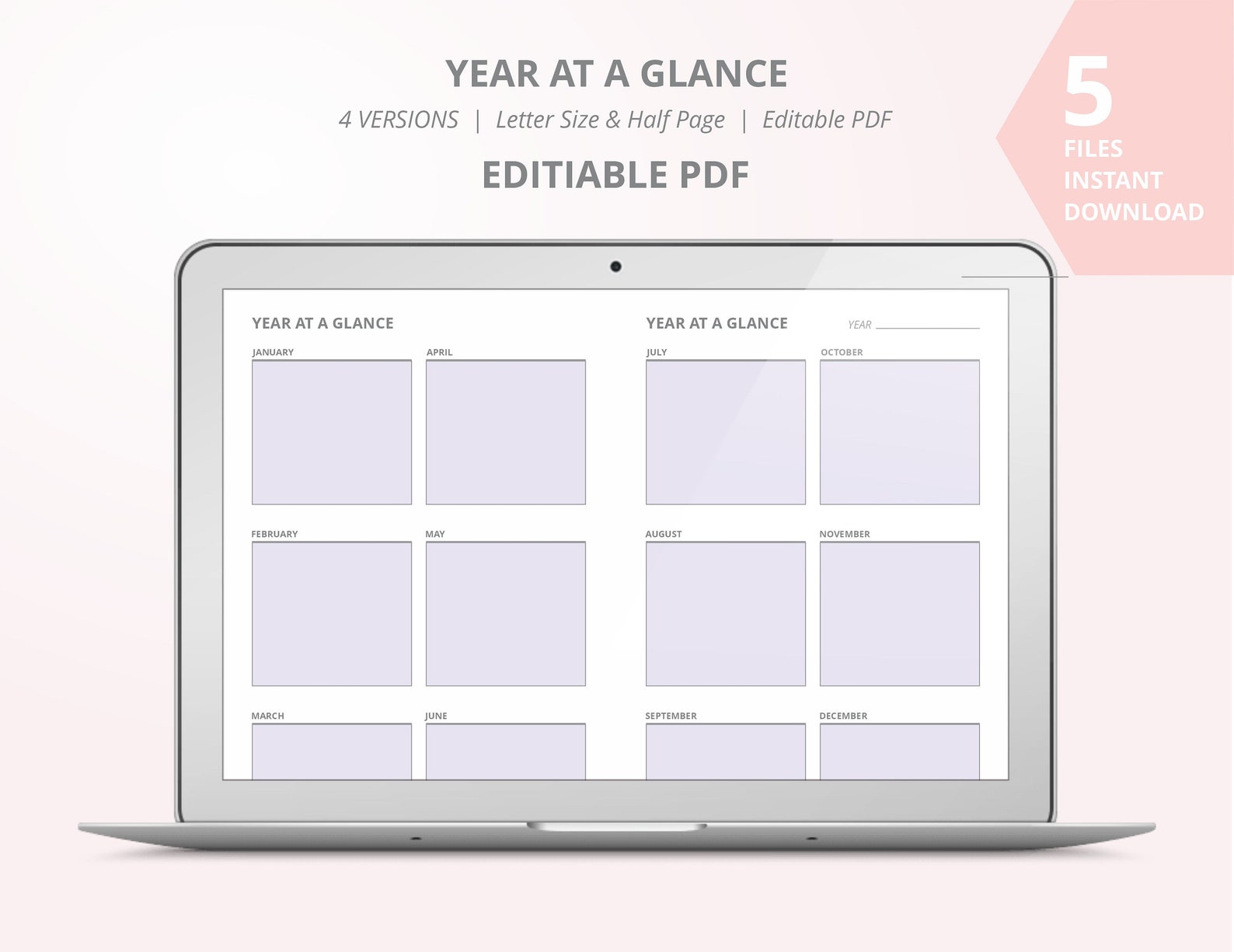 Year at A Glance Calendar, Editable PDF Calendar, Blank Calendar ...